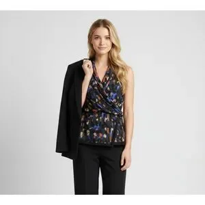 CAbi | Tops | Cabi 377 Abstract Black Multicolored Ruched Wrap ...